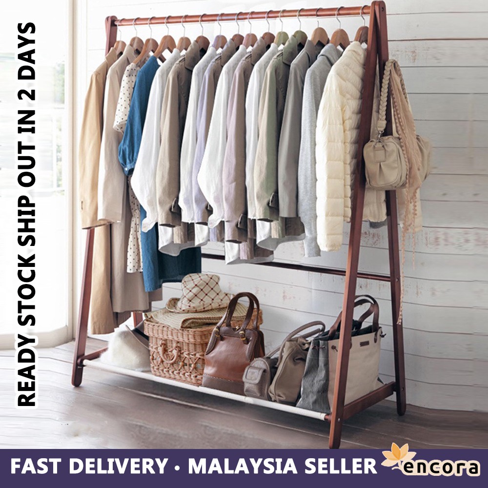 Encora Foldable Solid Wood Clothes Hanging Rack with Bottom Storage ...