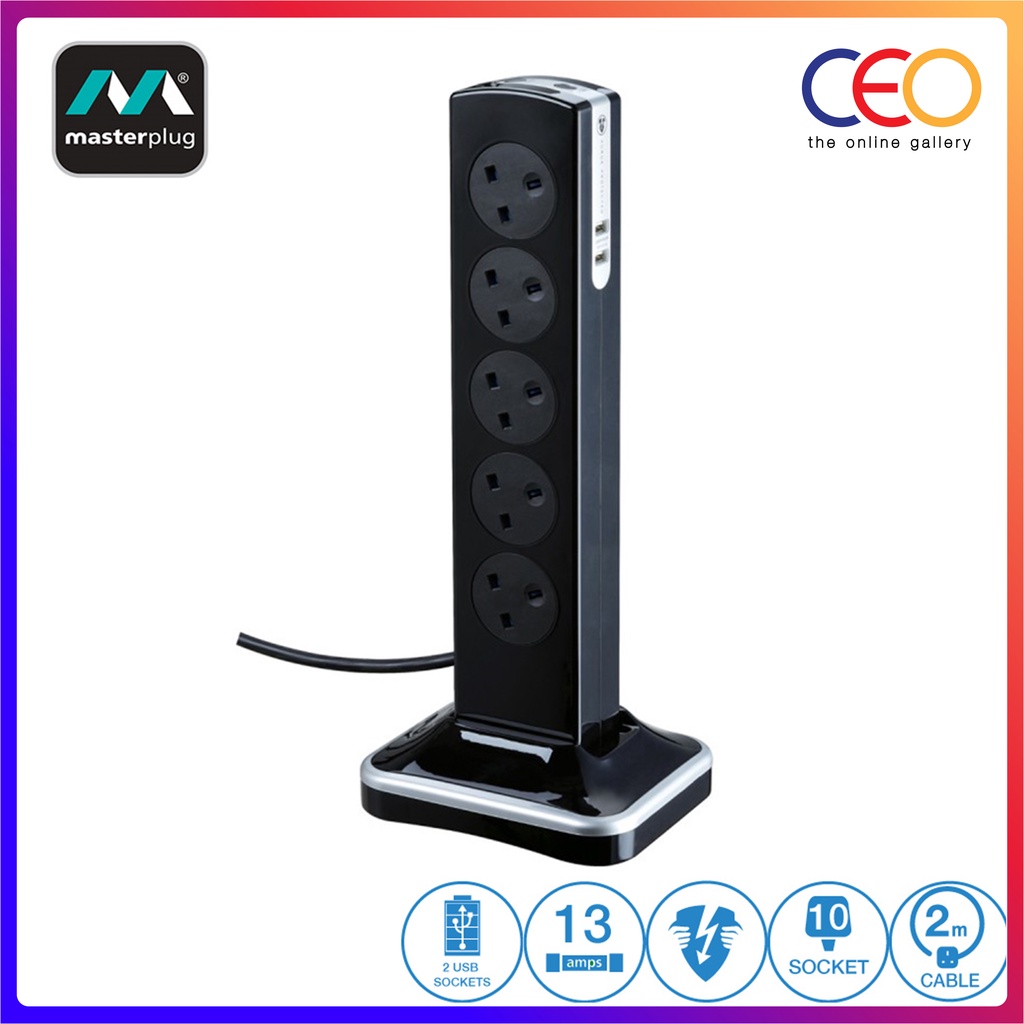 Masterplug Surge Protector 10 Gang 2 USB 3.1A 2 Meter Extension Leads ...