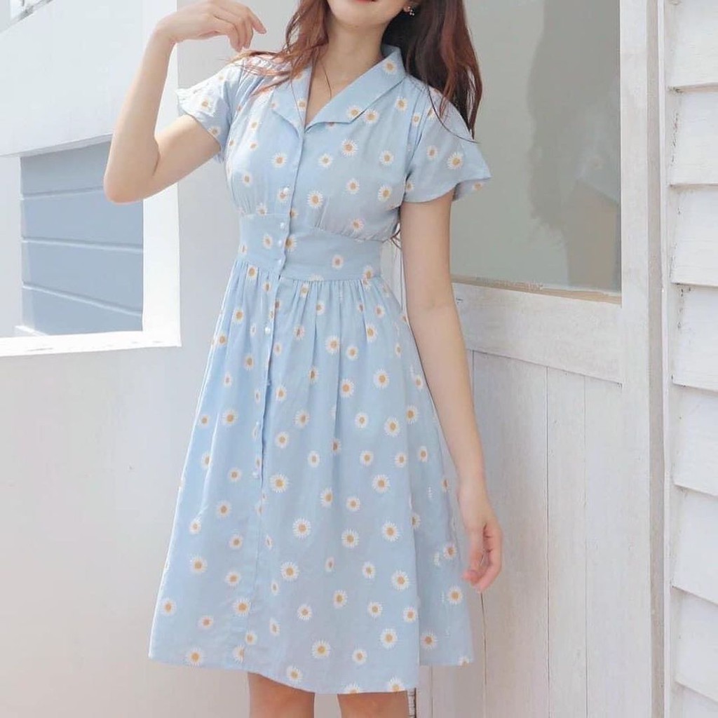 Light, feminine blue chrysanthemum Linen beach dress | Shopee Malaysia