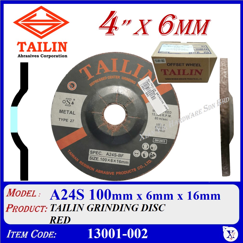 [ 25PCS ]13001-002 A24S-BF X 4" X 6mm RED TAILIN GRINDING DISC | TAILAN ...