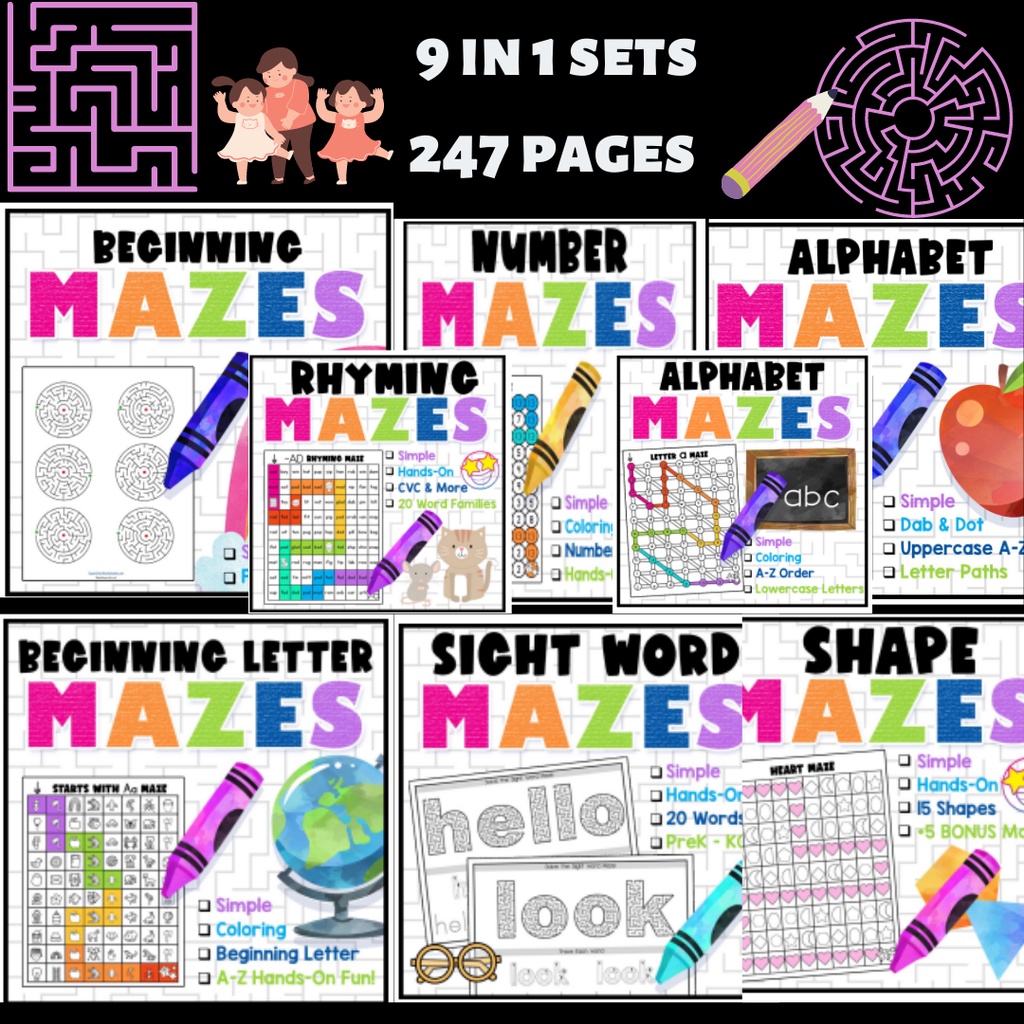 462 MAZE Activity Bundle (PDF) ABC Sight Words Shapes Numbers Word ...