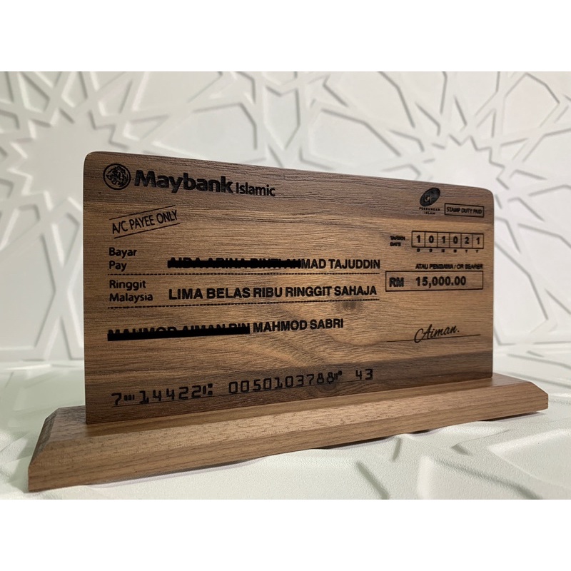 Mock-up cheque/cek hantaran kahwin/wedding made from walnut from USA ...