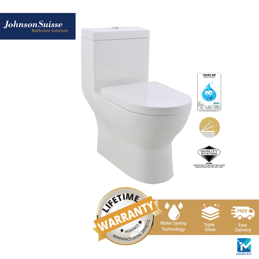 Johnson Suisse Erika One piece (Rimless) 6/3L Washdown WC Toilet Bowl ...