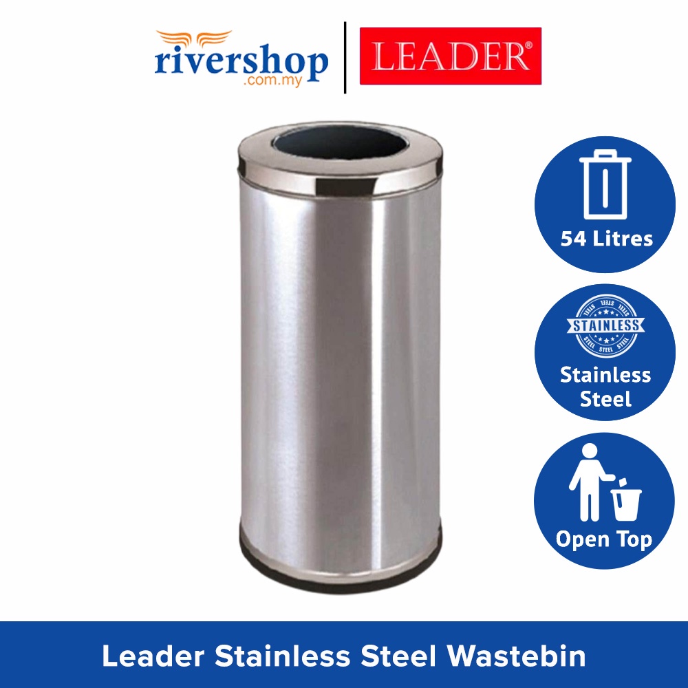 LEADER 54Litres Stainless Steel Dustbin Open Top Round Rubbish Bin Wastebin Trash Can Garbage ...