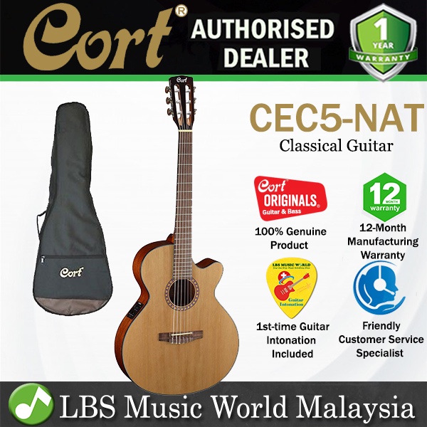 Cort CEC5 SFX Body Solid Red Cedar Classical Guitar With Bag and Pickup - Natural Glossy ...