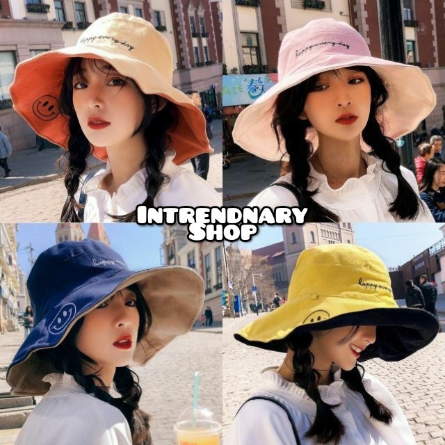 Bucket Hat With 6 Ropes 2 Sides Wide Brim Smiley Chin Tights Happy ...