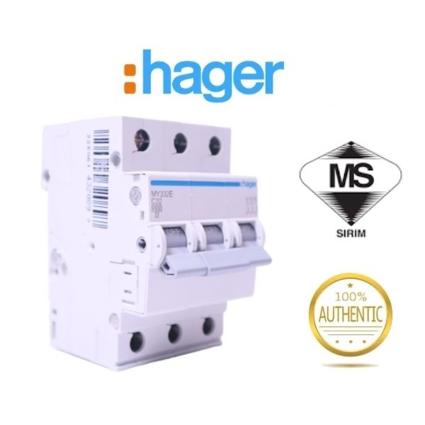 Hager MY Series 3 Pole MCB 20A / 32A / 40A / 50A / 63A (4.5KA) Miniature Circuit Breaker ...