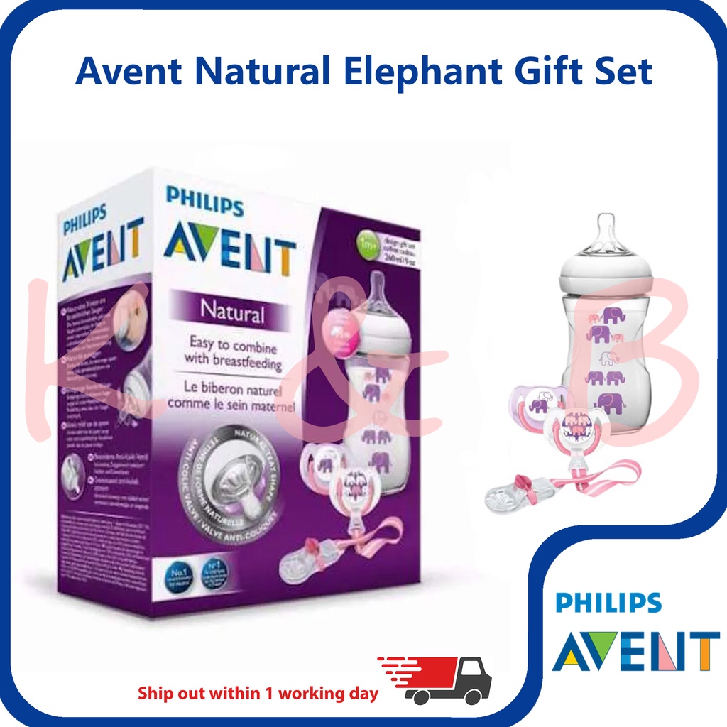Philips Avent Elephant Gift Set (Girl) Natural 260ml Bottle + Soother ...