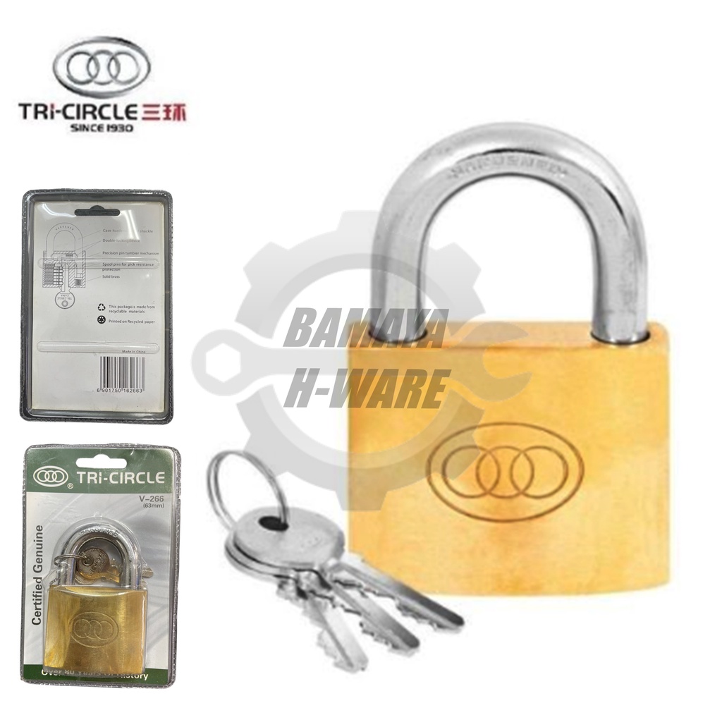 TRI CIRCLE 261-266 Brass Pad Lock. Heavy Duty Brass Pad Lock with 3keys ...