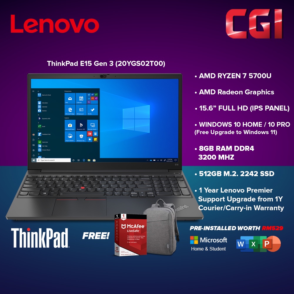Lenovo 15.6" Thinkpad E15 Gen 3 Ryzen 7 5700U 8GB 512GB Win10Home/Pro ...