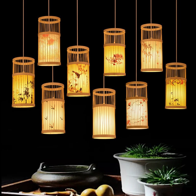 Japanese-Style Bamboo Rattan Chandelier Restaurant Hanging Light Deco ...