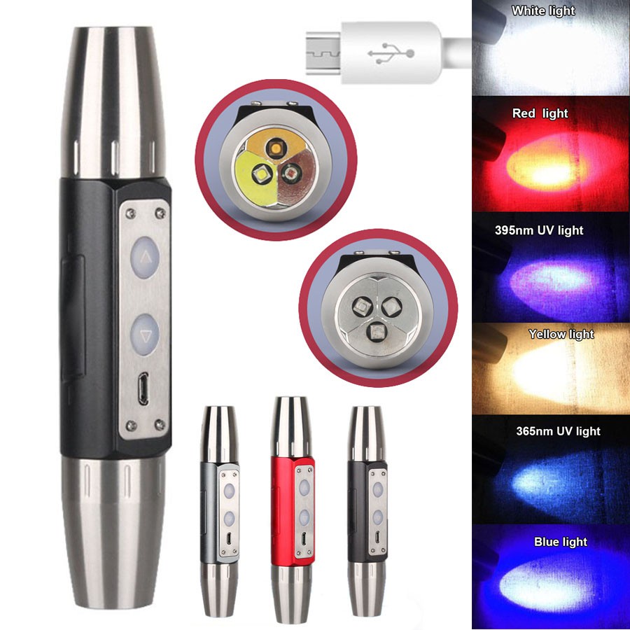 6 color LED USB Rechargeable Flashlight 395nm 365nm UV purple white ...