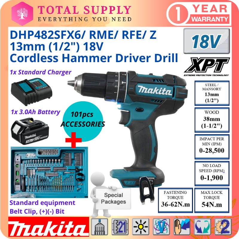 DHP482SFX6 MAKITA 13mm (1/2") 18V Cordless Hammer Driver Drill DHP482 ...