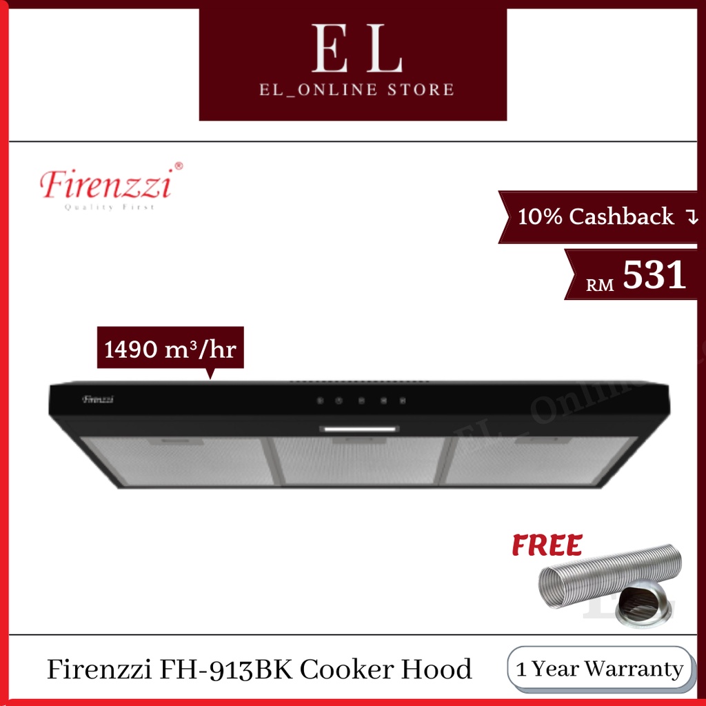 [100% Original] New model Firenzzi FH-913BK │ FH-913SS Slim Cooker Hood 抽油烟机 (1490m³/hr ...