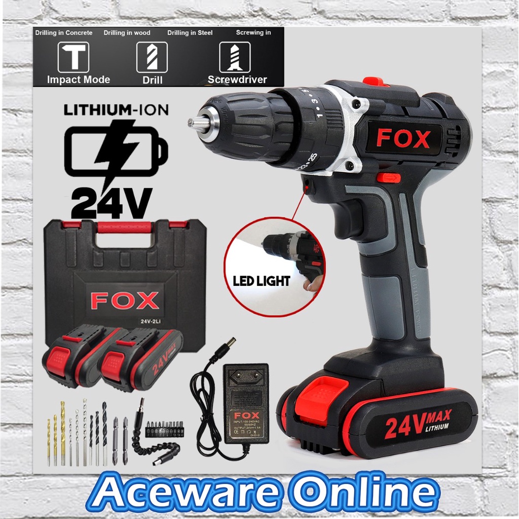 FOX 24V (GREY) Cordless Hammer Impact Drill Screwdriver 2 LI-ION ...