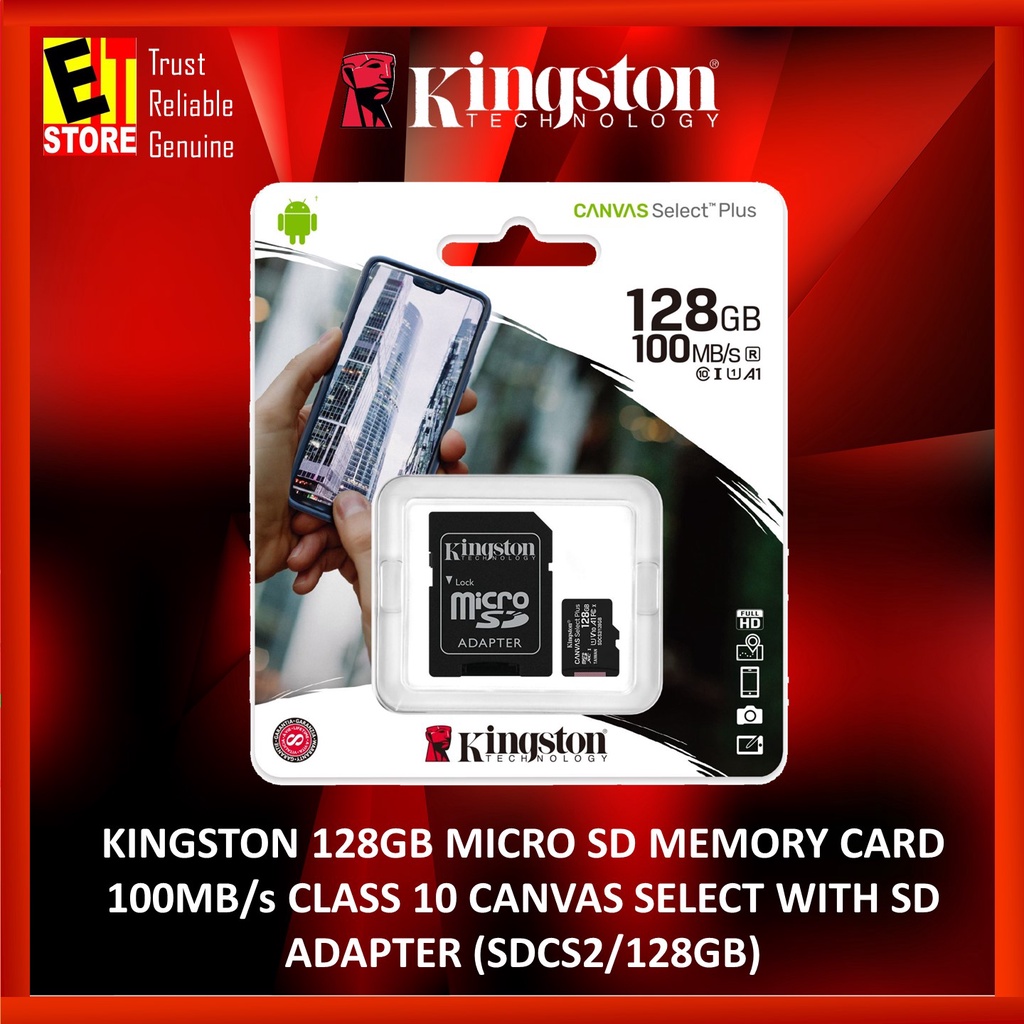 KINGSTON 128GB MICRO SD CARD 100MB/s CL10 CANVAS SELECT PLUS WITH SD CARD ADAPTER (SDCS2/128GB ...