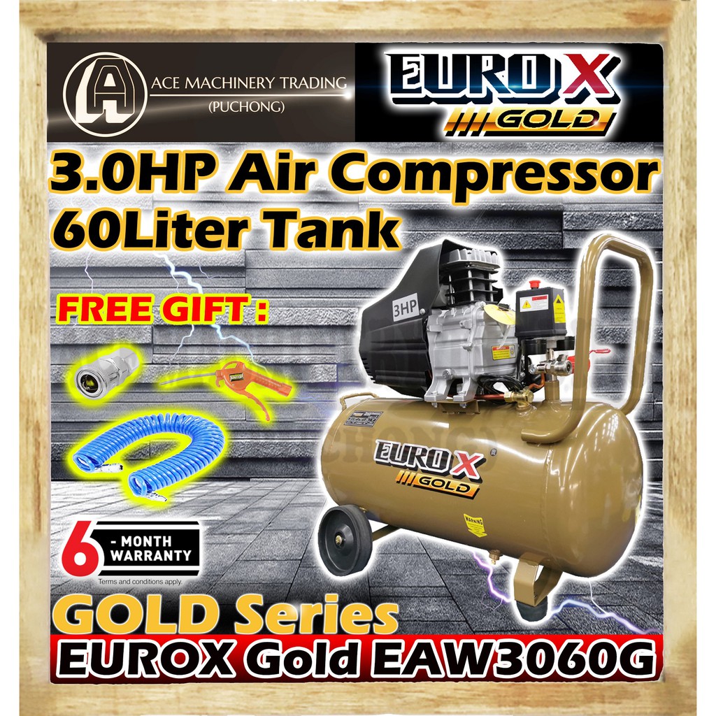 EUROPOWER EUROX GOLD 3HP/60L AIR COMPRESSOR F.O.C PU RECOIL HOSE 6M & Air Blow Gun EAW3060G ...