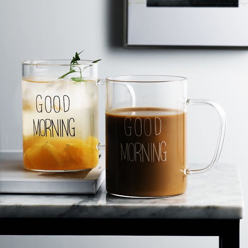 Good Morning Black White Letters Milk Glass Tea Coffee Cup Round Cup ...