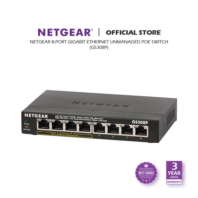 NETGEAR 8-Port Gigabit Ethernet Unmanaged PoE Switch (GS308P) with 4 ...