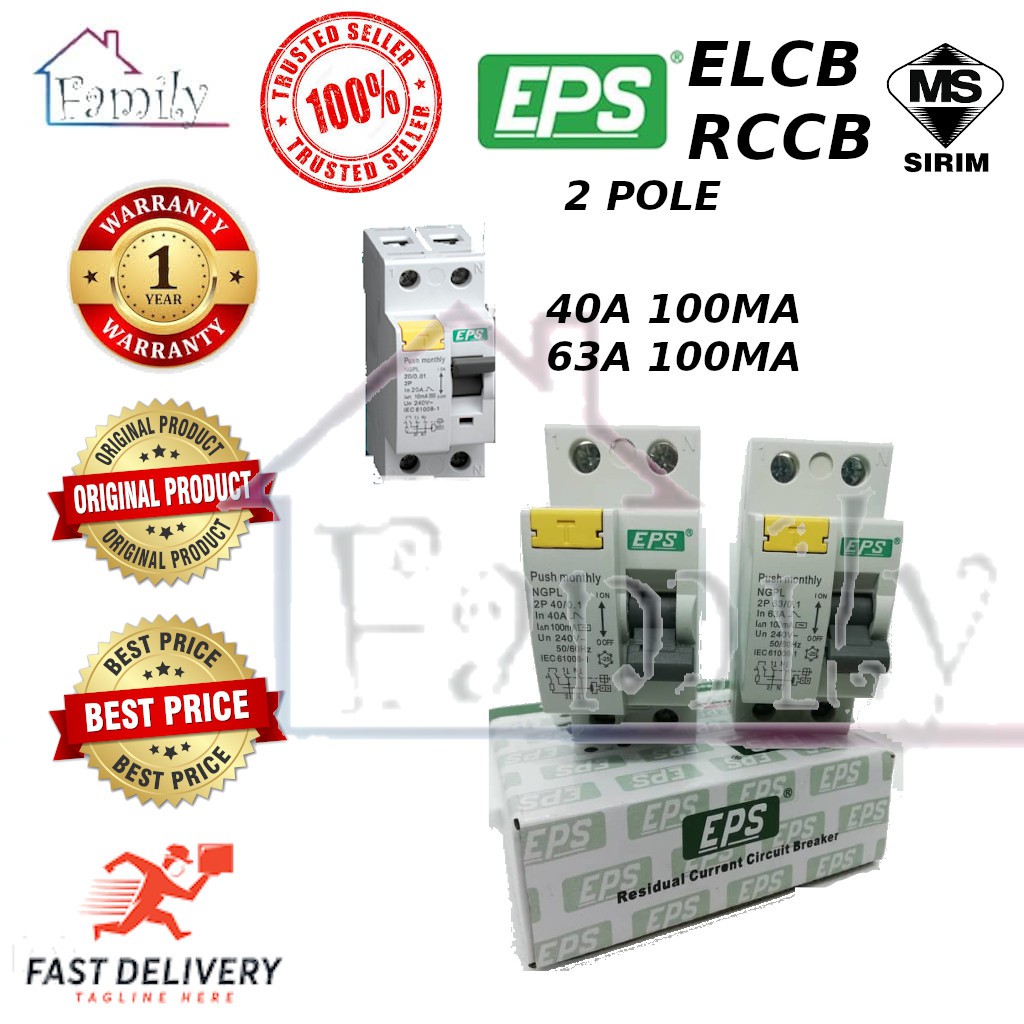 EPS 100MA 2 POLE 40A / 63A ELCB / RCCB (SIRIM Approve) | Shopee Malaysia