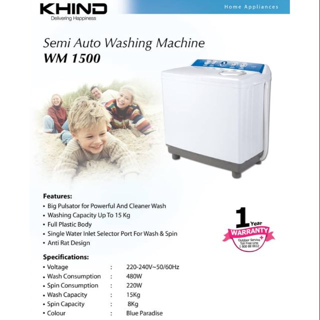 Khind Semi Auto Washing Machine WM1500 (15kg) Full Plastic Body ...