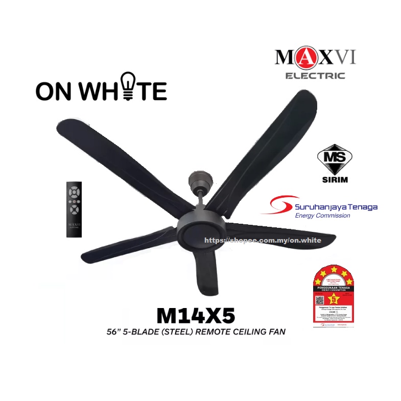 MAXVI M14X5-Matt Black 56'' Remote Steel 5 Blade Ceiling Fan 240V With ...