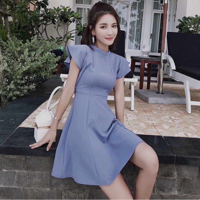 Dark blue street dress with turtle neck and ruffle sleeves (with real ...