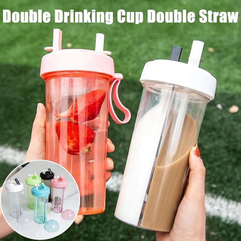 600ml Portable Dual Straw botol air viral Separate Drink Water Beverage ...