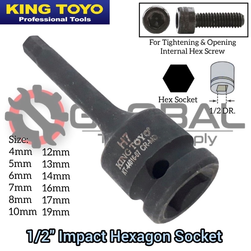 🇲🇾 READY STOCK 🇲🇾 KING TOYO 1/2” DR. IMPACT HEX SOCKET / IMPACT ALLEN KEY SOCKET (SIZE : H4 ...
