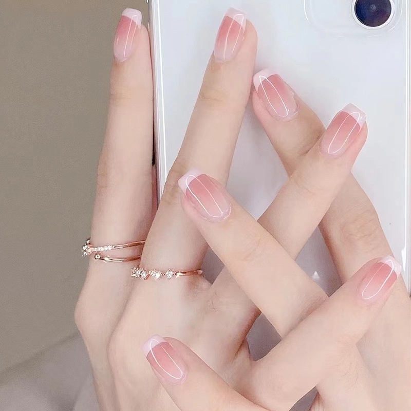 (With Box)Simple Gradient Pink Translucent French Style Fake Nails ...