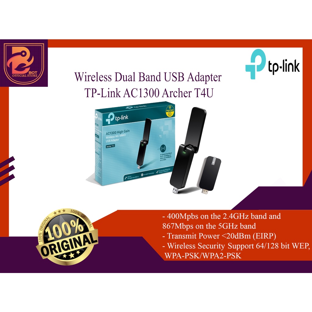 Tp-link Archer T4U AC1300 Wireless Dual Band USB Adapter Original Official Warranty | Shopee ...