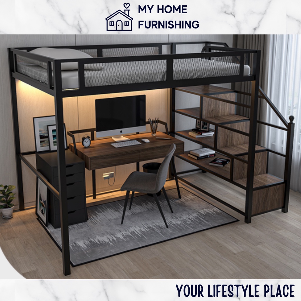 Loft Bed Frame Queen Single Metal Frame Bunk Bed Kids Adult Upper Bunk ...