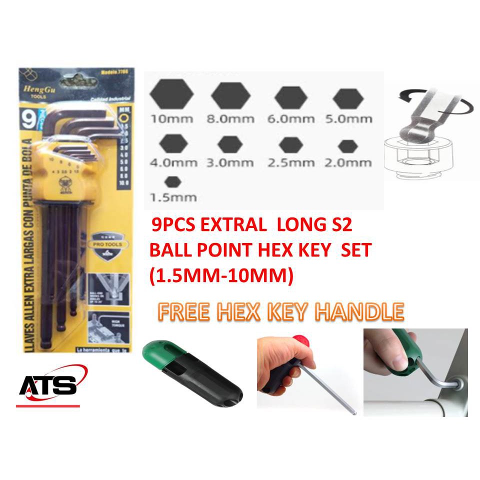 9PCS HEAVY-DUTY EXTRAL LONG S2 BALL POINT HEX KEY SET (1.5MM -10MM ...