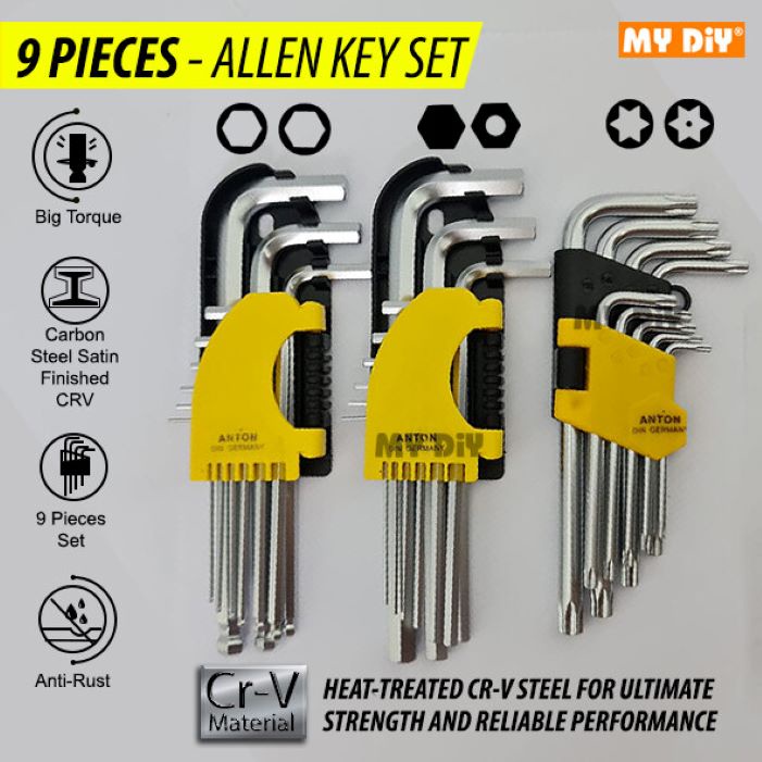 MYDIYHOMEDEPOT - ANTON CRV 9pcs Allen Key Set Hex Key Allen Key Ball ...
