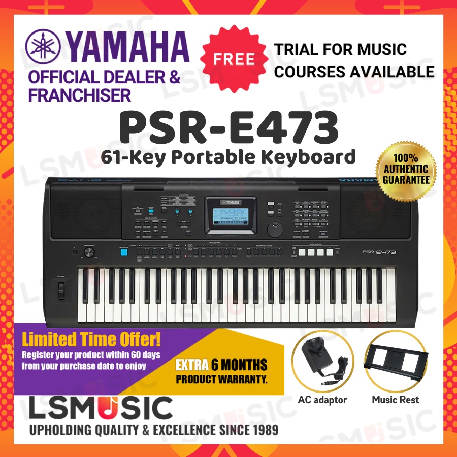 Yamaha PSR-E473 61 Keys Portable Keyboard Piano w/ Music Rest and AC Adaptor Yamaha Digital ...