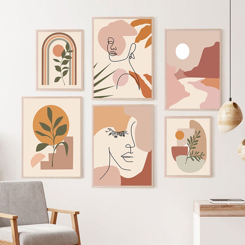 Abstract Simple Boho Line Art Canvas Painting Print Gril Botanical ...