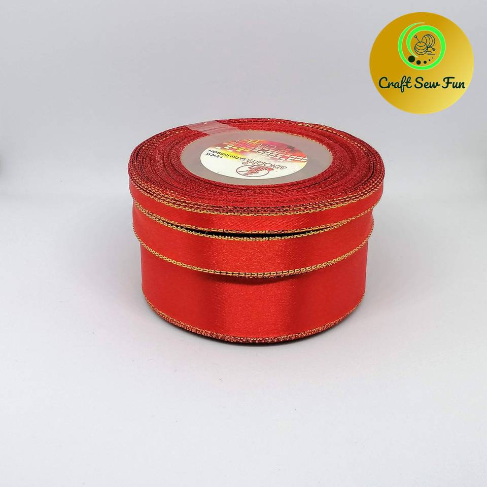 Red Color Satin Ribbon with Gold Side Edge/ Satin Reben Warna Merah ...