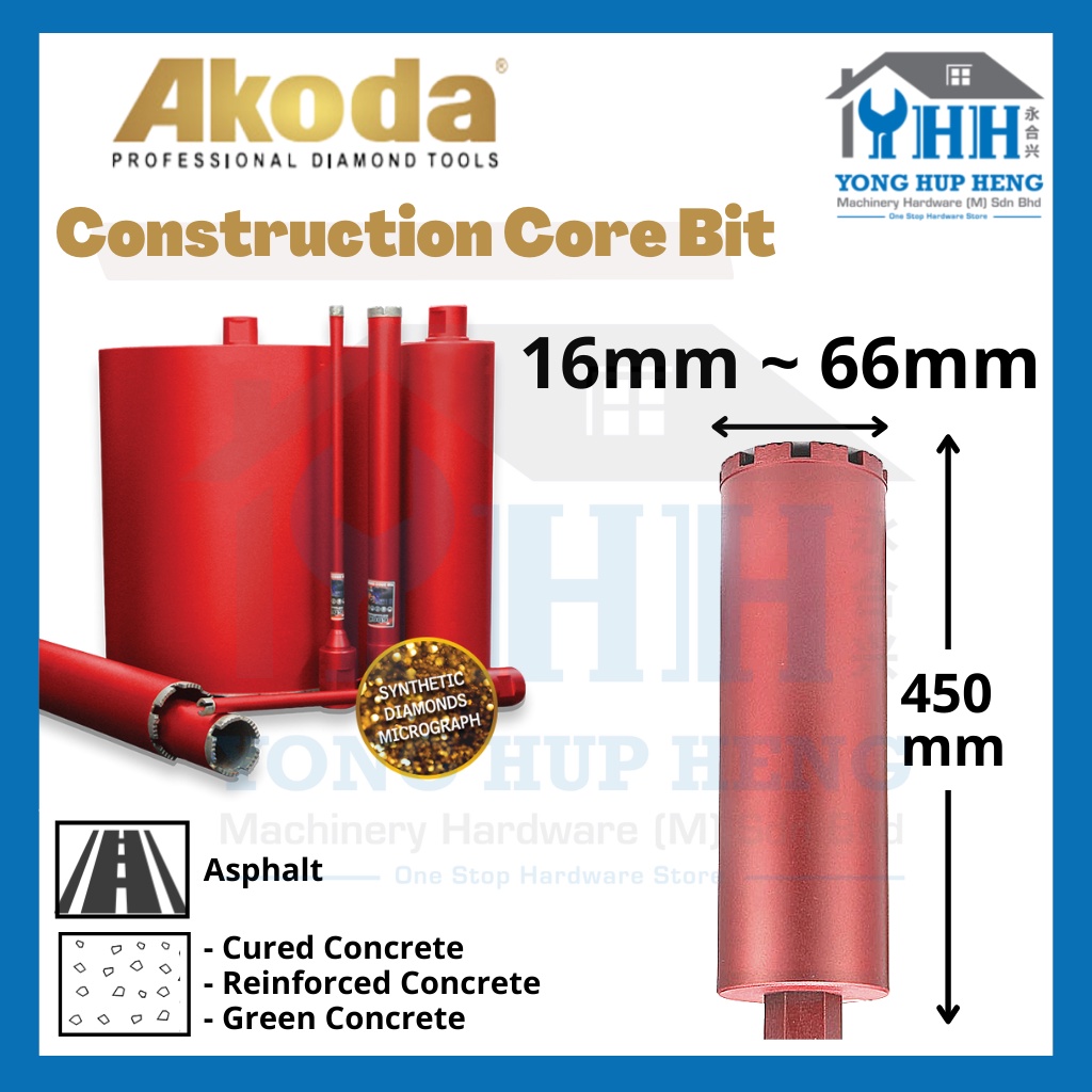 AKODA 16MM - 66MM x 450MM Construction Core Bit / Diamond Core Bit 1 ...