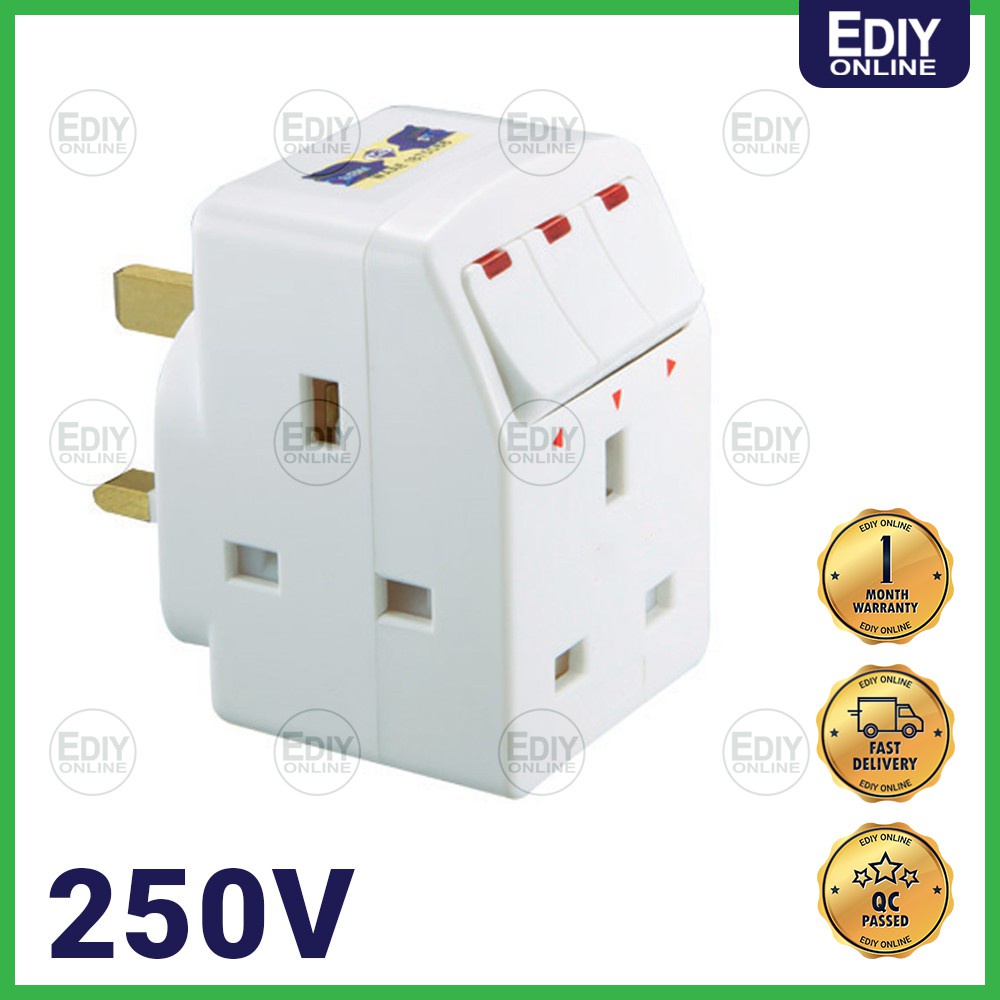 SIRIM 3 WAY ADAPTOR ADAPTER WITH SWITCH SWITCHES USB SOCKET PLUG ...