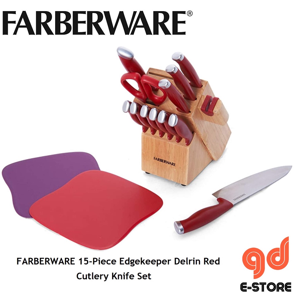 FARBERWARE 15-Piece Edgekeeper Delrin Red Cutlery Knife Set Stainless ...