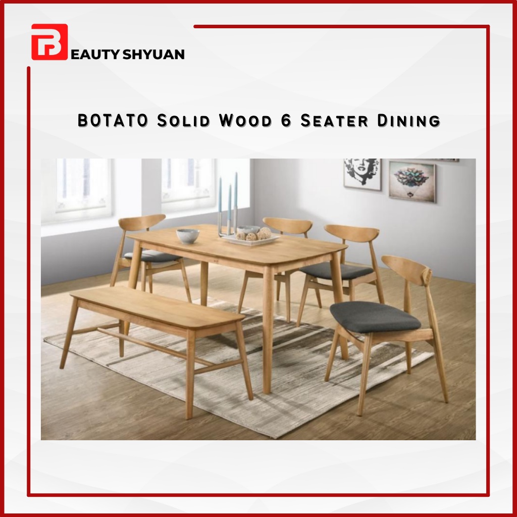 BOTATO Solid Wood Dining Set 6 Dining Table Set 6 Seater Dining Table 6 Seater Meja Makan 6 ...