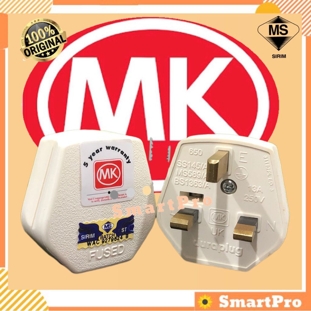 MK Unbroken Nylon 13A Fused 3 Pin Plug Top MK650 Uk Type 3 Pin Plug Top 13A Plug Top Sirim ...