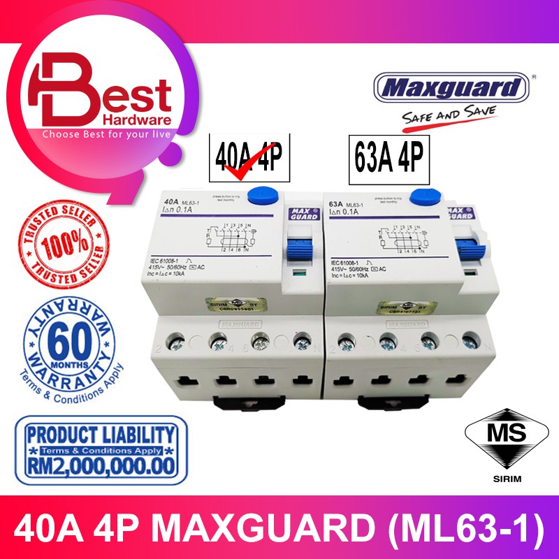 BEST HARDWARE - RENO 4 POLE ELCB 0.3 ( 40A / 63A /100A ) / MAXGUARD 4 ...