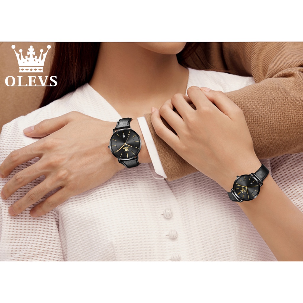 OLEVS Thin Couple Watches Black Leather Original Jam Tangan Couple ...