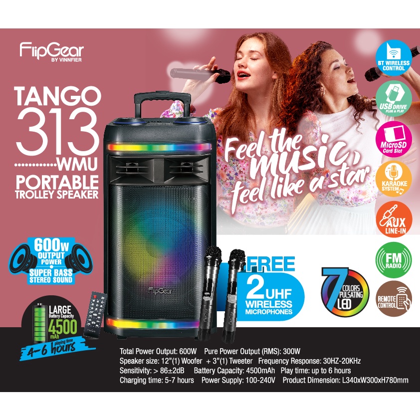 VINNFIER TANGO 313 WMU TROLLEY PORTABLE LAOUD SPEAKER 600WATT C/W BLUETOOTH, USB, FM., SD CARD ...