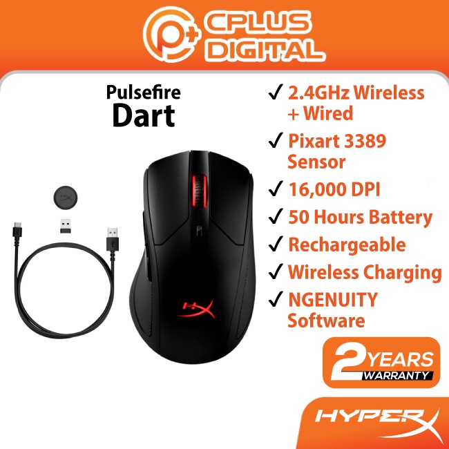 HyperX Pulsefire Dart Wireless Gaming Mouse 2.4GHz Wireless 50 Hours Battery Pixart 3389 16000 ...