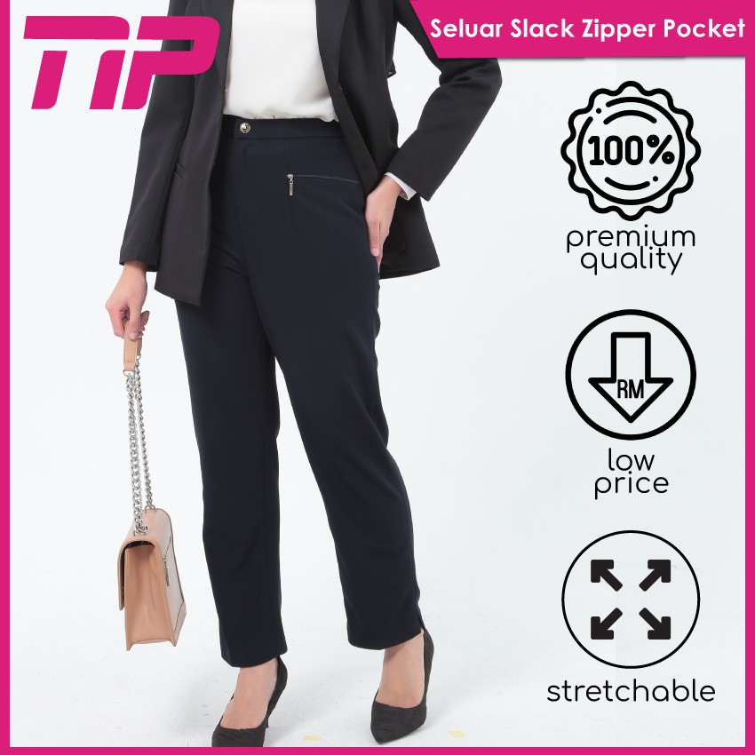 Women Slack Pants Ultra Stretch Zip Pocket Seluar Slack Kain Memeri ...