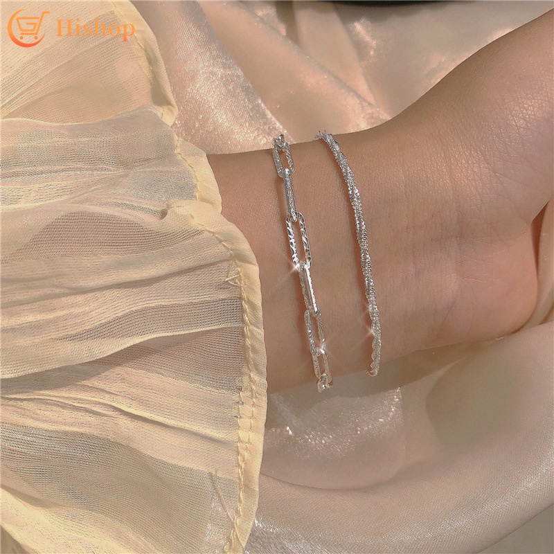 2 Pcs/set Shining Simple Silver Bracelet Elegant Casual Bracelets Women ...