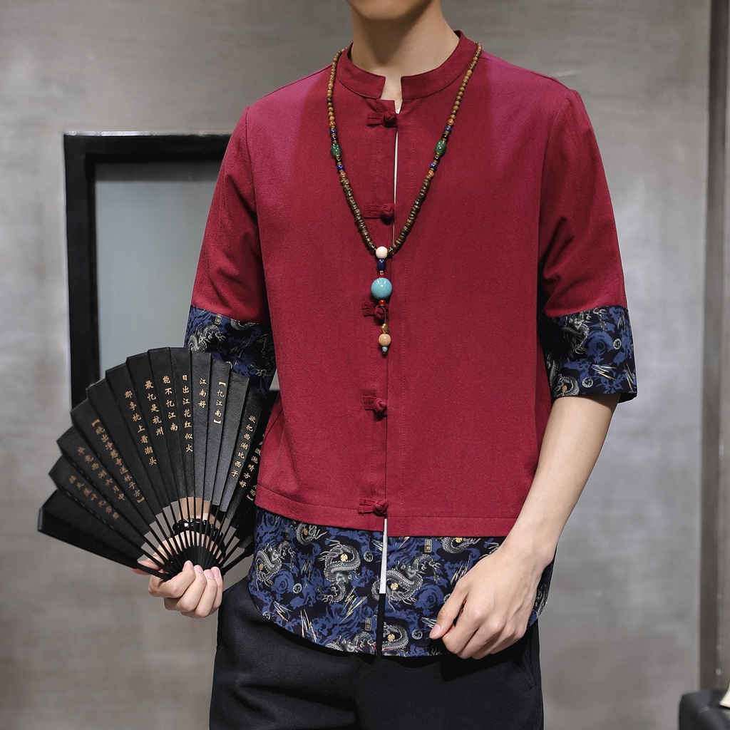 Chinese style retro five-point short-sleeved shirt men's Chinese cotton ...