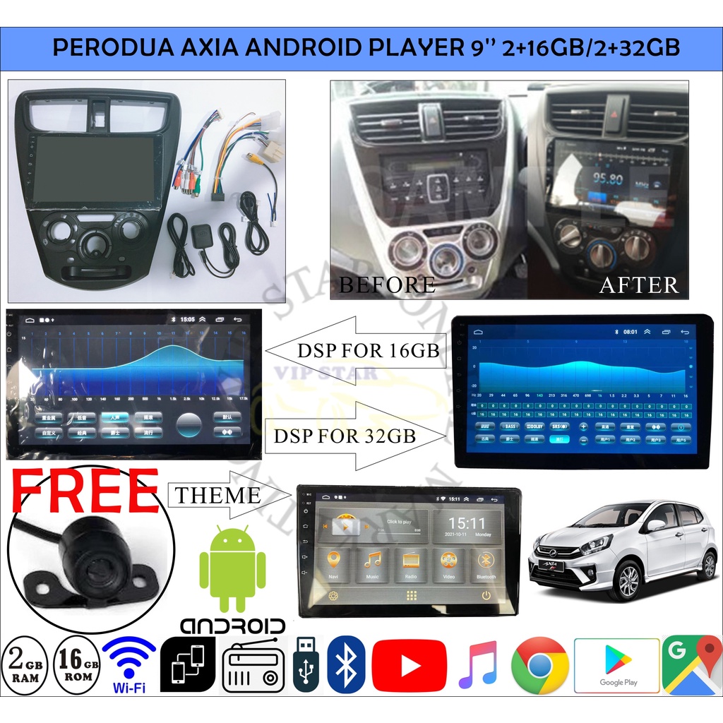 PERODUA AXIA CASING+ANDROID PLAYER 9'' 2+16GB/2+32GB (FREE HD CAMERA ...
